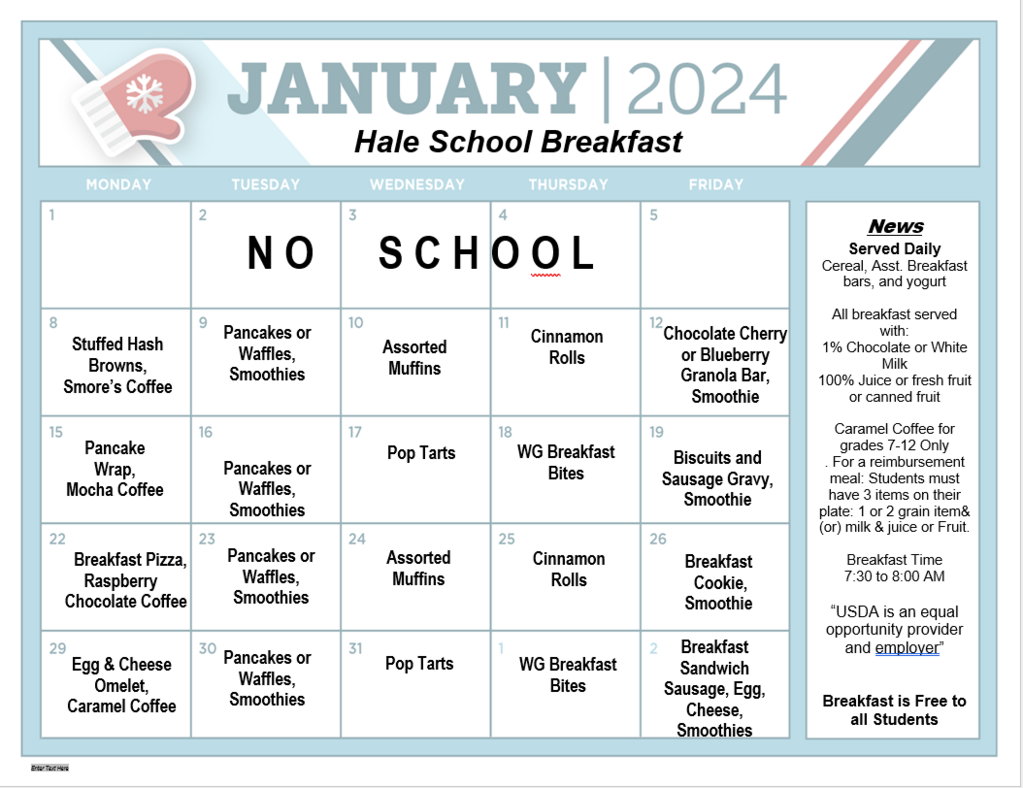 K-12 Breakfast - Menus - Food Service - Hale Area Schools